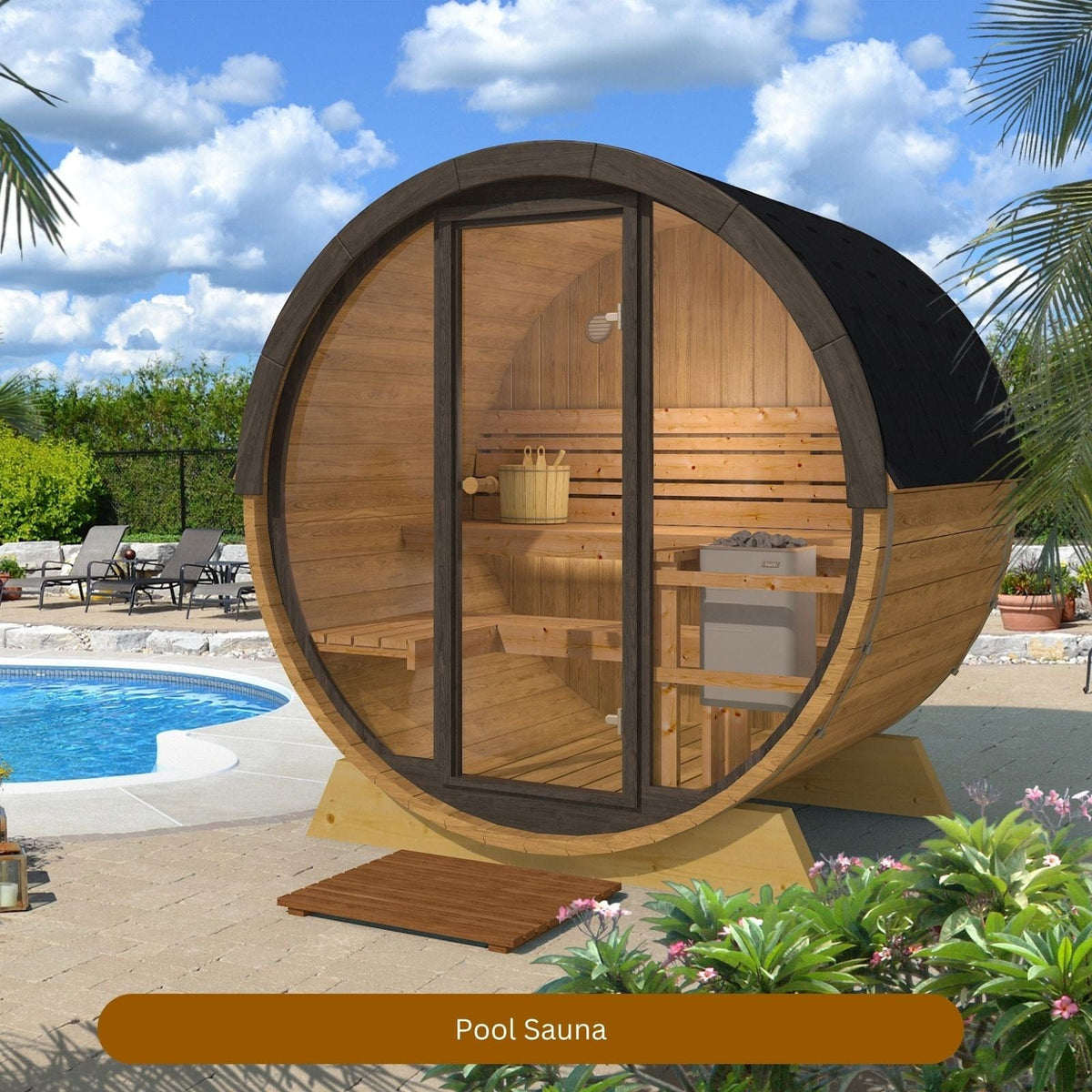 Pool sauna for 2 people with panoramic front
